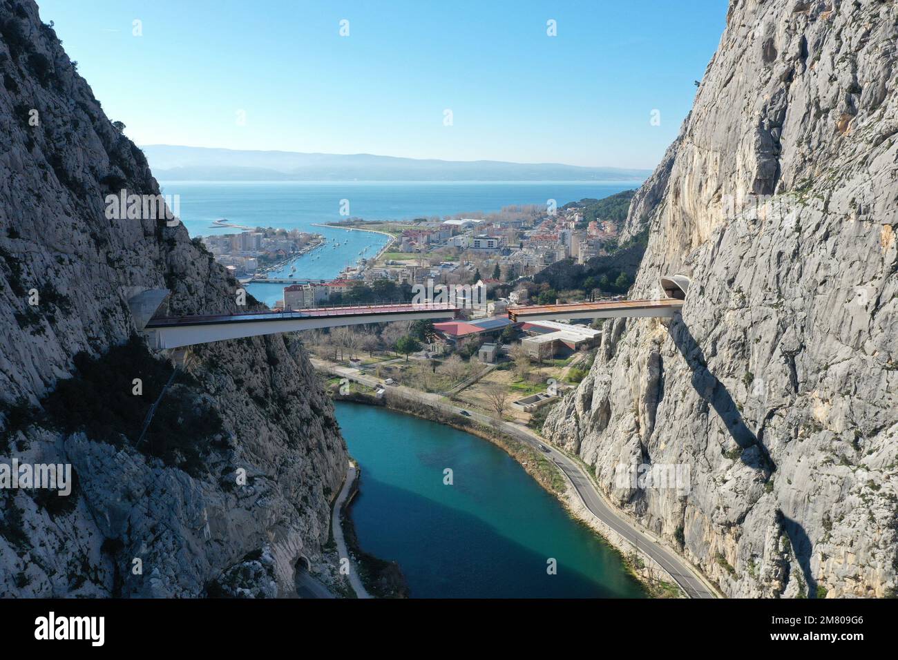 Aerial photograph of the works on the bridge above Omis. Sections of ...