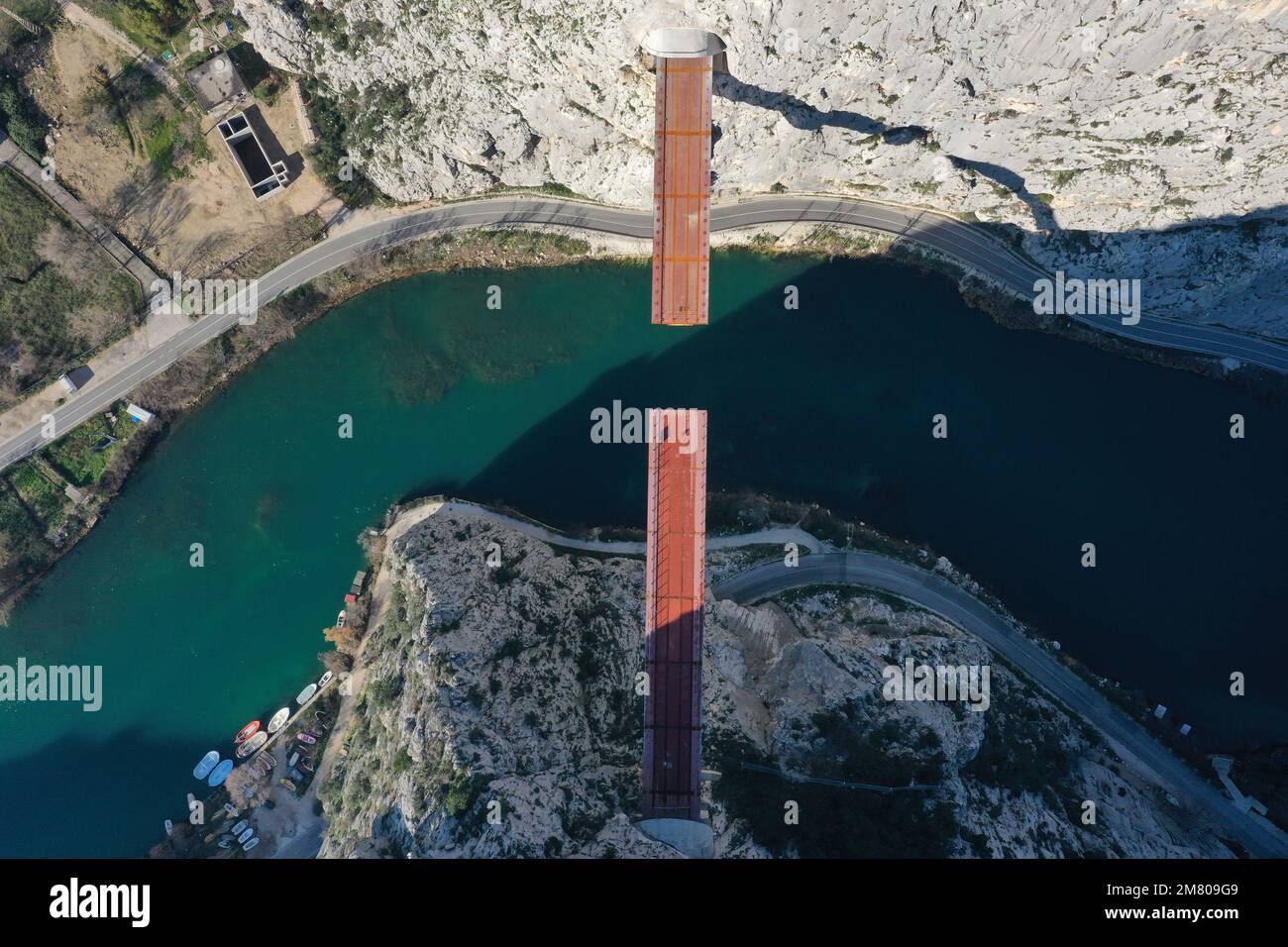 Aerial photograph of the works on the bridge above Omis. Sections of ...