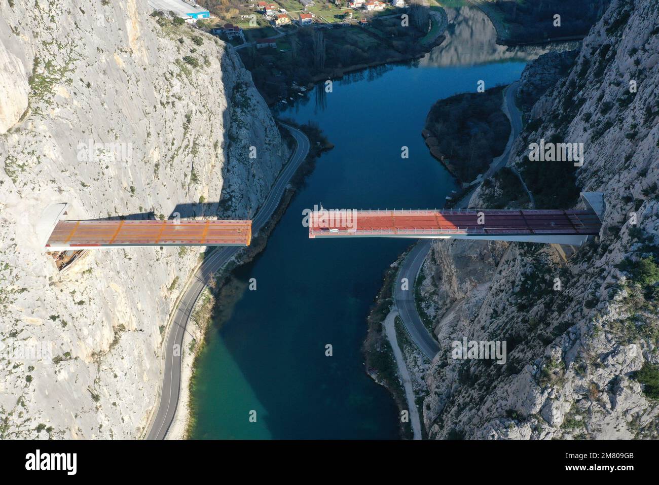 Aerial photograph of the works on the bridge above Omis. Sections of ...