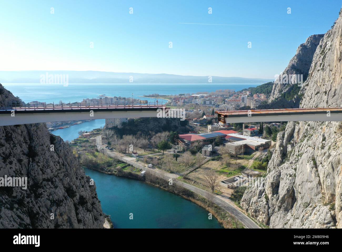 Aerial photograph of the works on the bridge above Omis. Sections of ...
