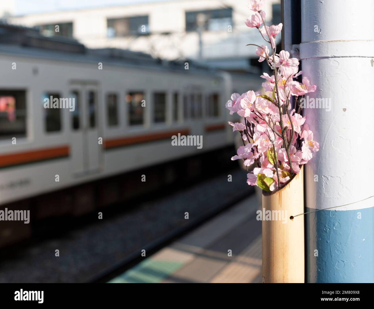 Seasonal (but artificial) cherry blossoms decorate a station on the ...
