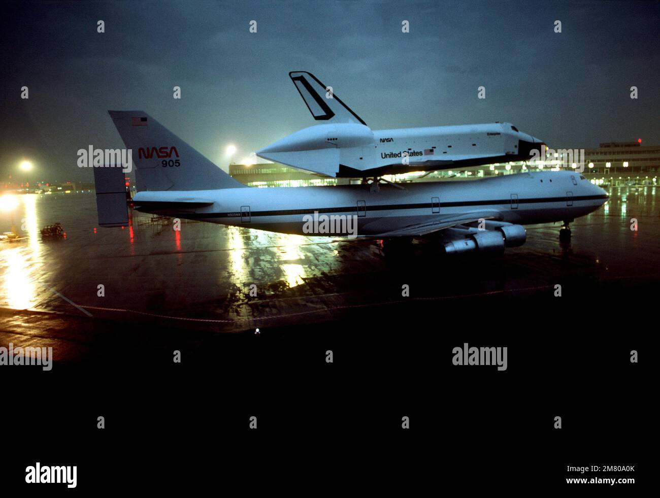 A night view of the Space Shuttle orbiter Enterprise and its specially ...