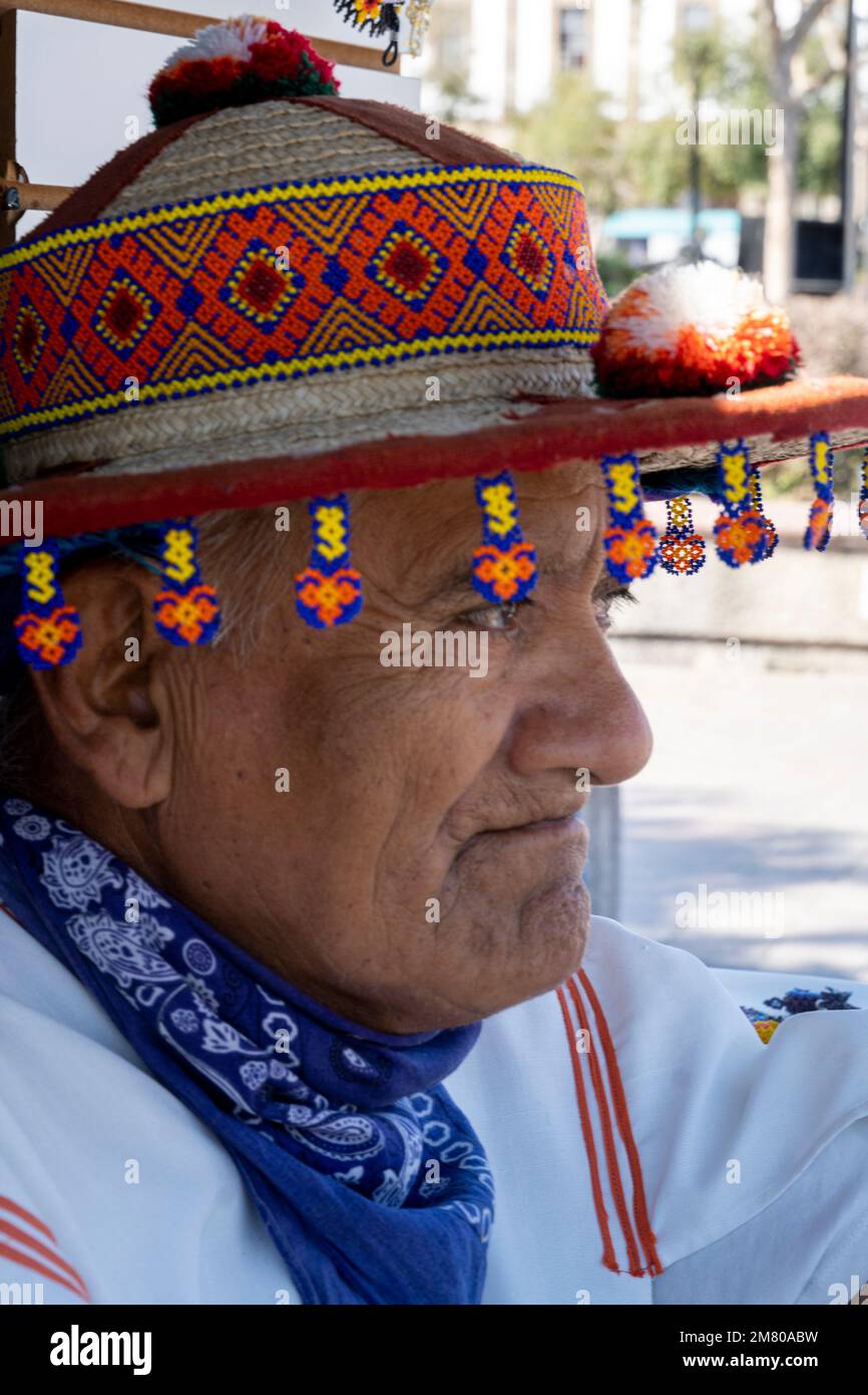 old man of the huichol wixarika culture with his traditional hat ...