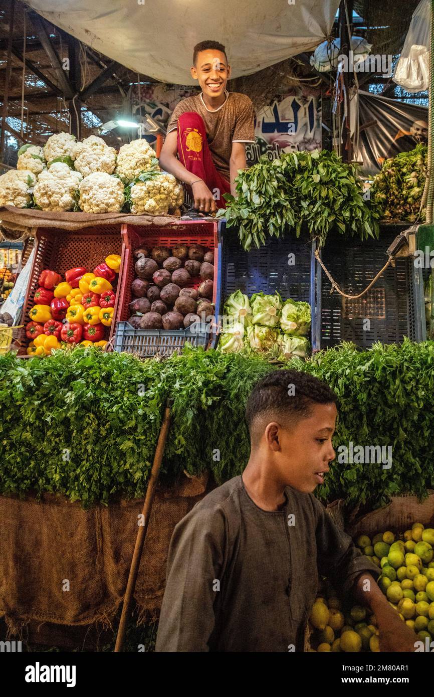 CHILDREN AT THEIR FRUIT AND VEGETABLE STAND, EL DAHAR MARKET, POPULAR ...