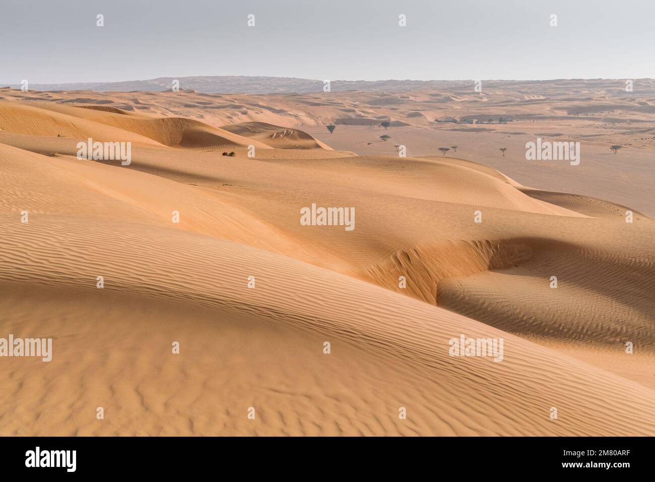 Sand dunes with footprints in them under the blue sky with soft haze on ...