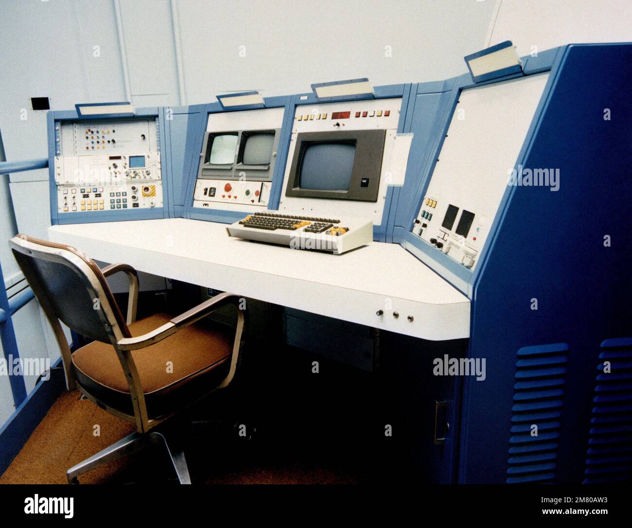 A computer control console at the Boeing Company laboratory. The ...