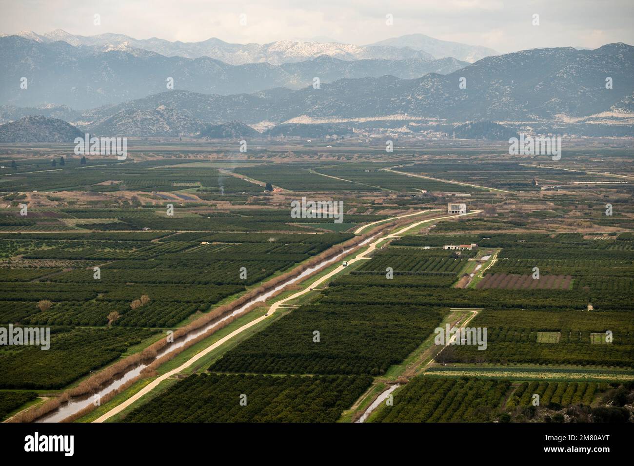 Beautiful rural countryside and fruit plantation on Neretva river ...