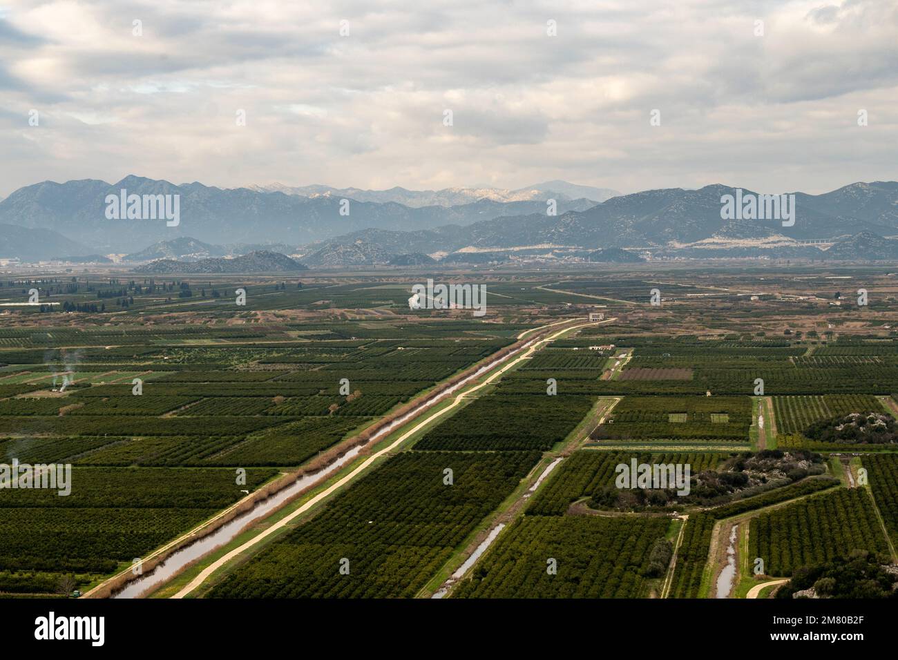 Beautiful rural countryside and fruit plantation on Neretva river ...