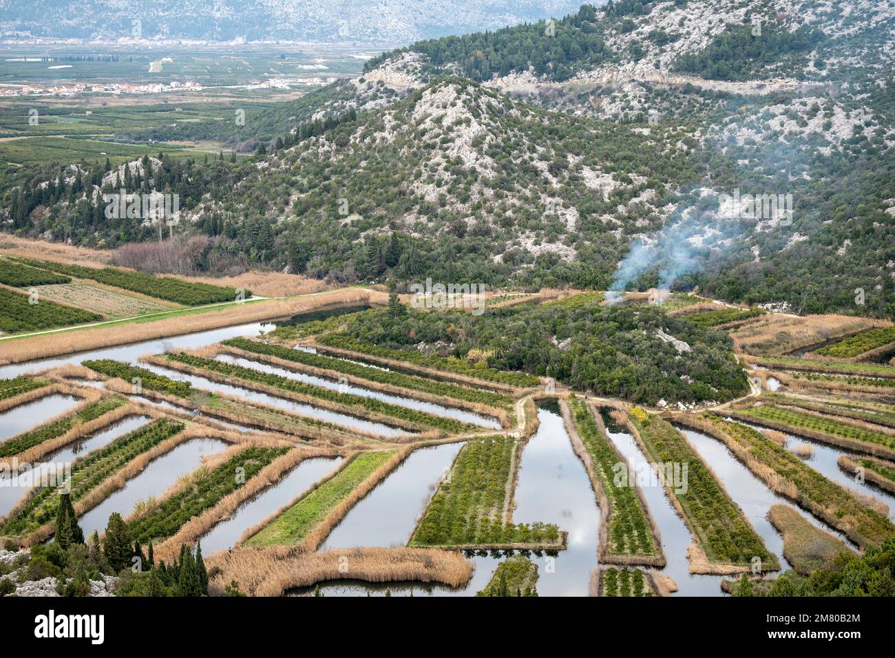 Beautiful rural countryside and fruit plantation on Neretva river ...