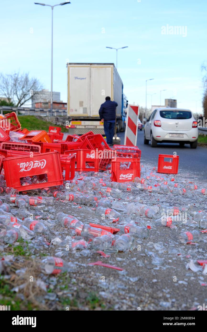 Zagreb, Croatia, on January 11, 2023. Cases full of Coca Cola bottles ...