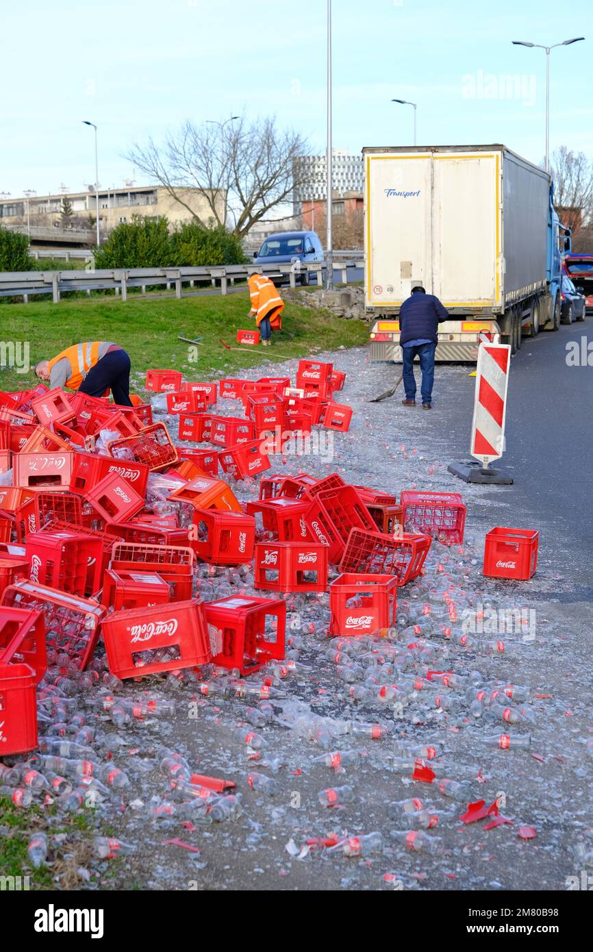 Zagreb, Croatia, on January 11, 2023. Cases full of Coca Cola bottles ...