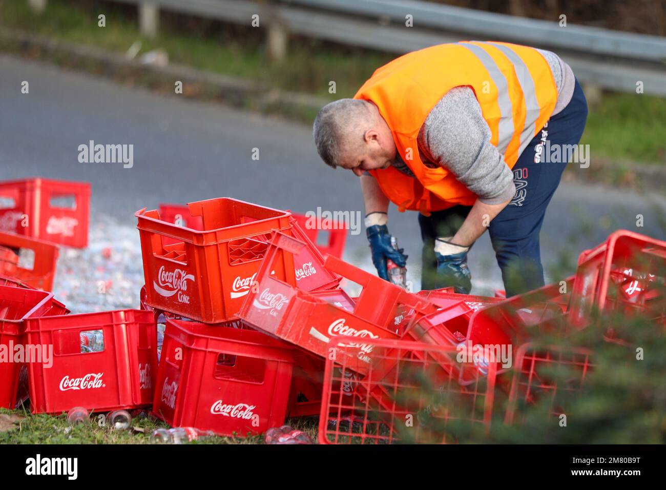 Zagreb, Croatia, on January 11, 2023. Cases full of Coca Cola bottles ...