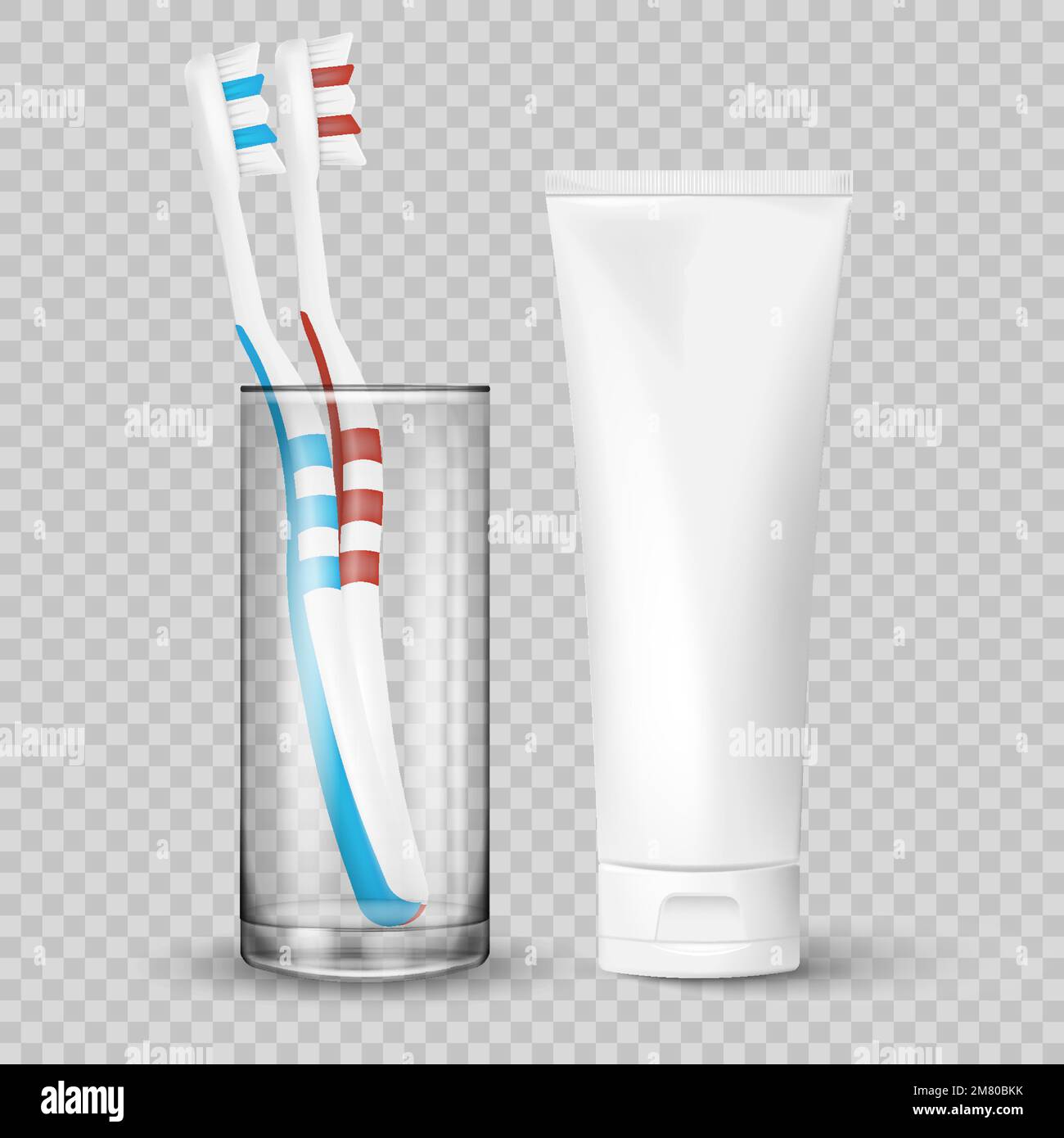 Realistic pair of toothbrushes in a glass with tube of toothpaste ...
