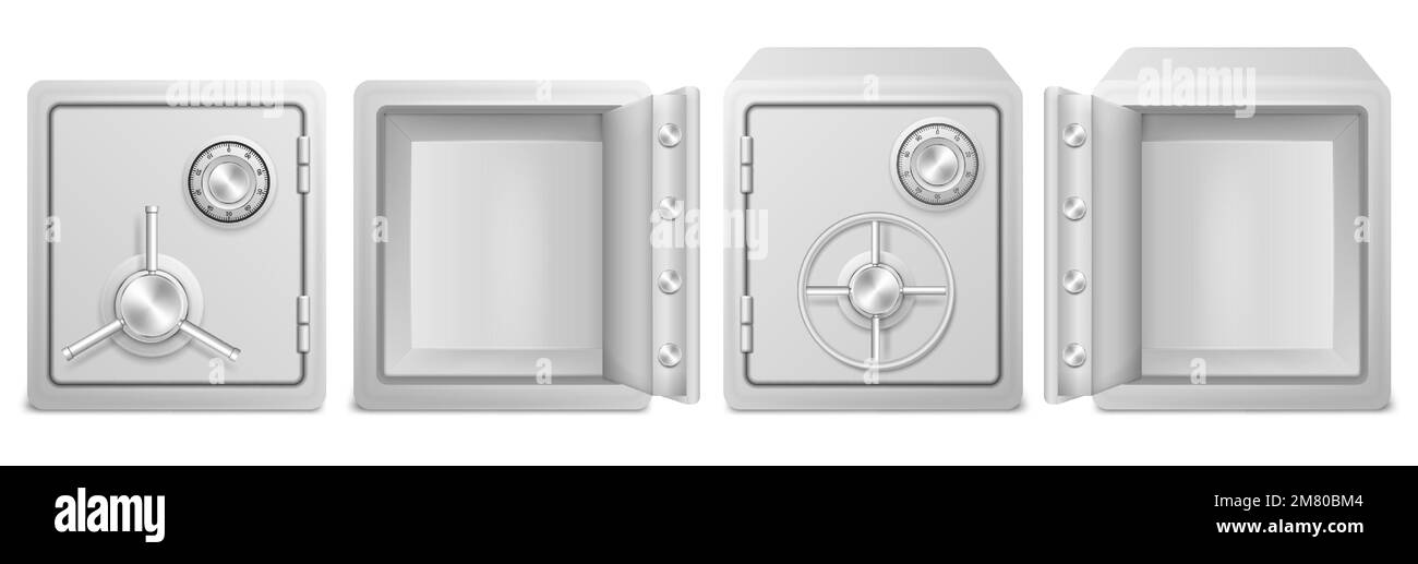Realistic metal safe with opened and closed door isolated on white ...