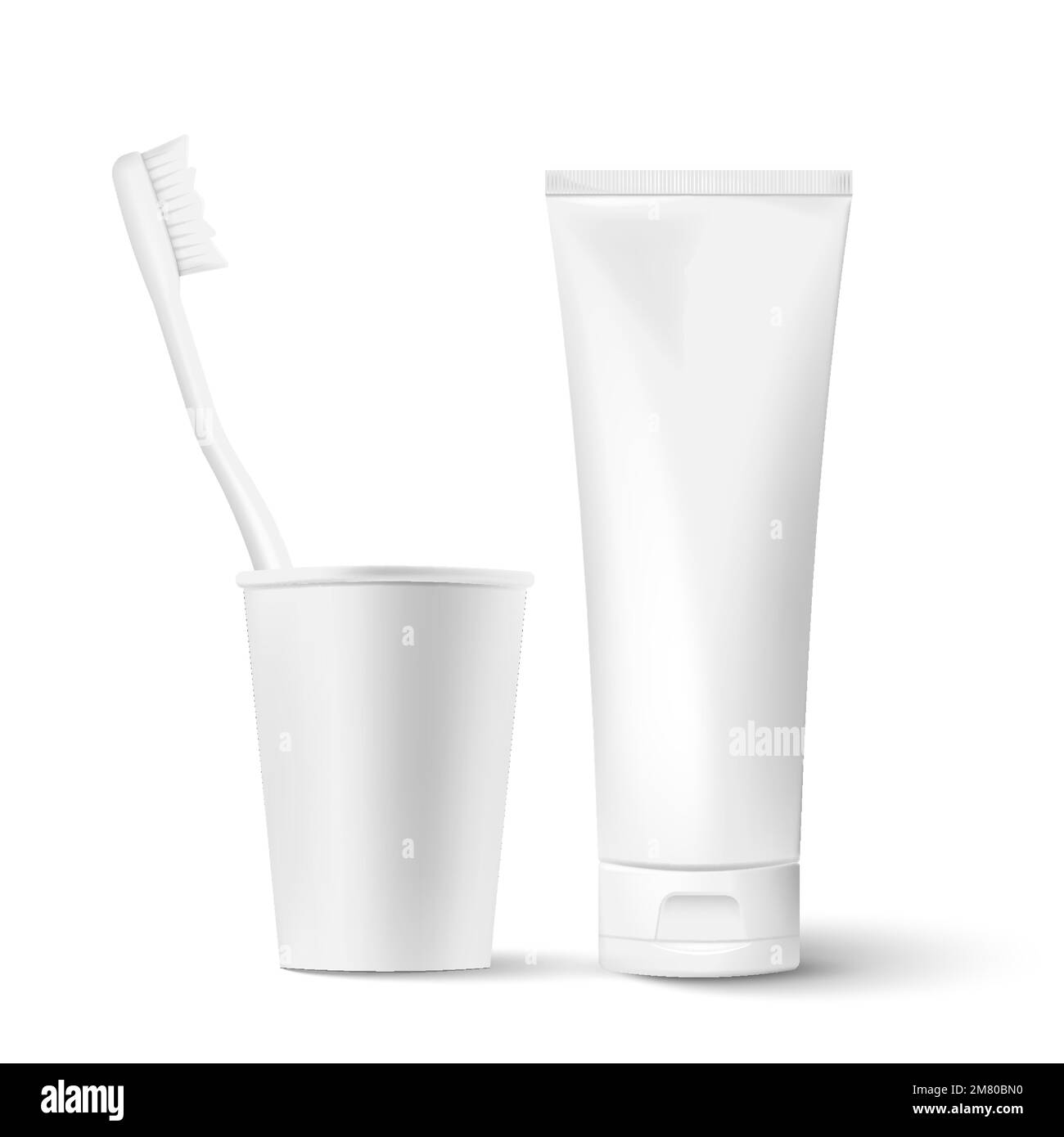Realistic pair of toothbrushes in a glass with tube of toothpaste ...