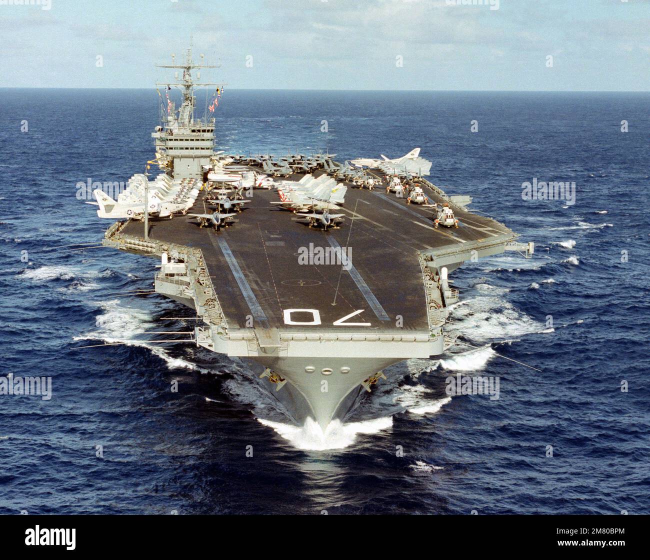 An aerial bow view of the nuclear-powered aircraft carrier USS CARL ...