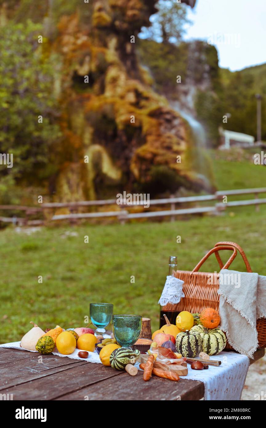 picnic in autumn park. Food, drinks, picnic basket on a wooden table in ...