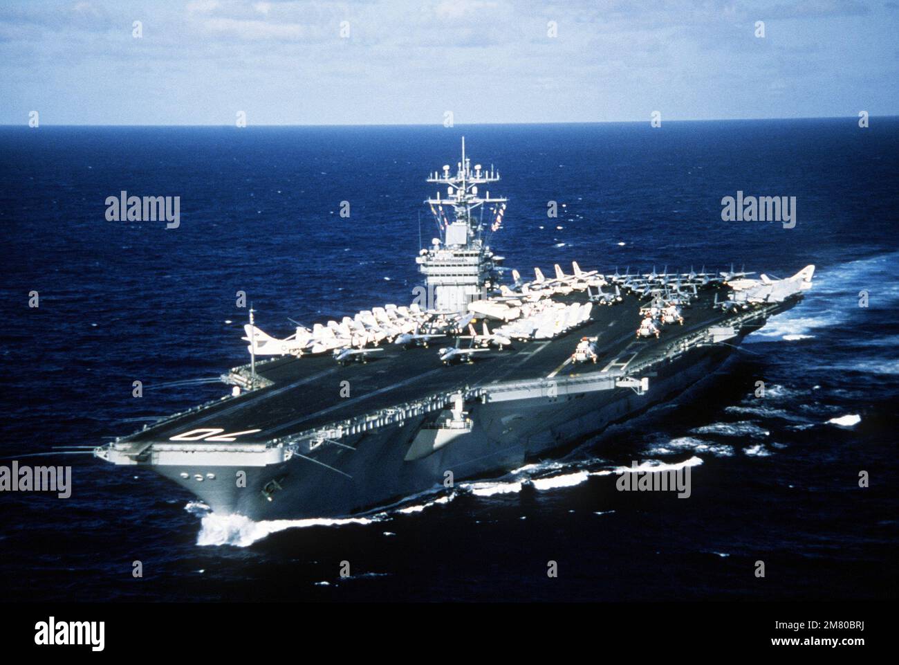 A port bow view of the nuclear-powered aircraft carrier USS CARL VINSON ...