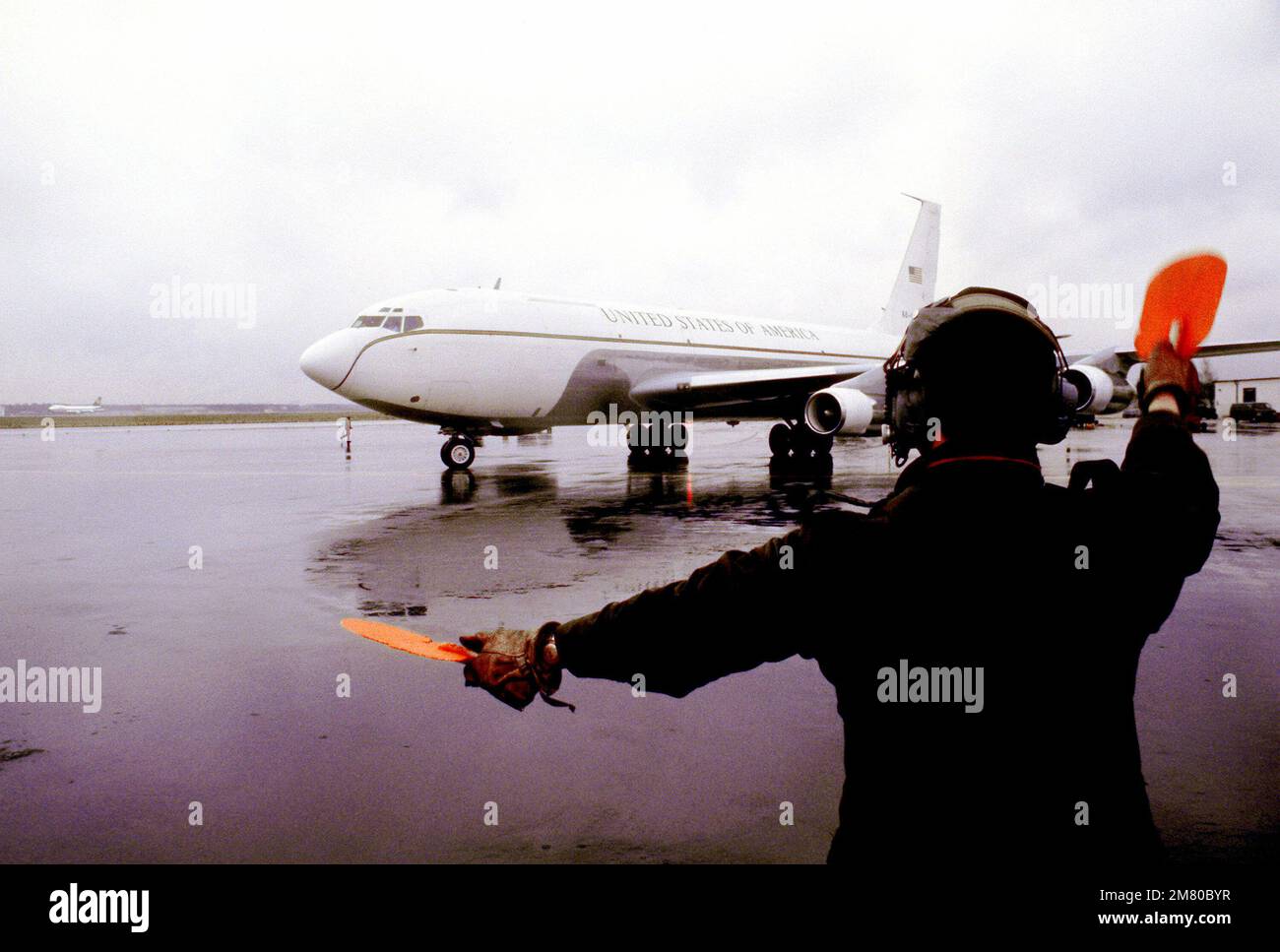 A special mission Boeing 707 aircraft is marshaled into position prior ...