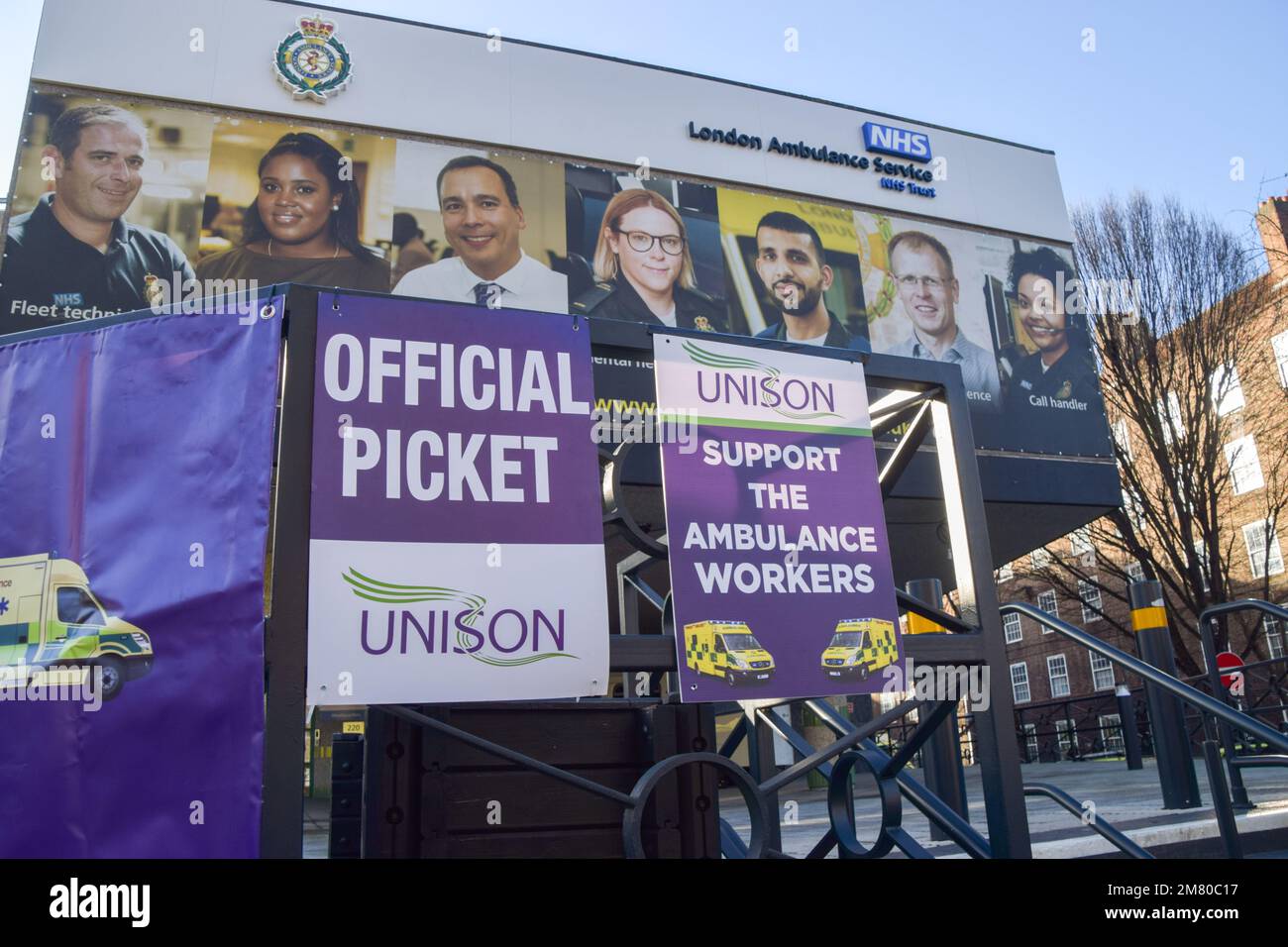 Unison (trade union) official picket placards seen outside the London ...