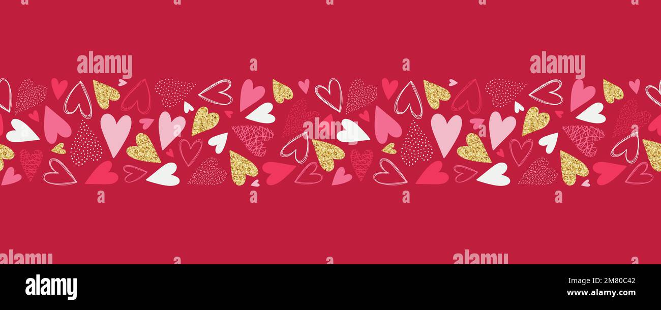 Repeated hearts seamless pattern, hand drawn with gold glitter effect ...