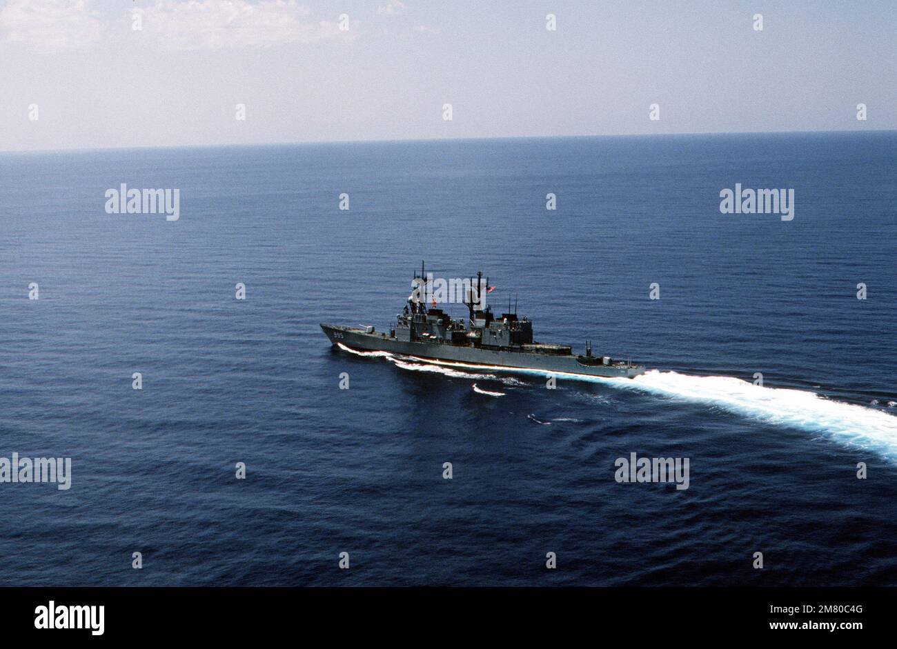 An aerial port beam view of the guided missile destroyer USS SCOTT (DDG ...