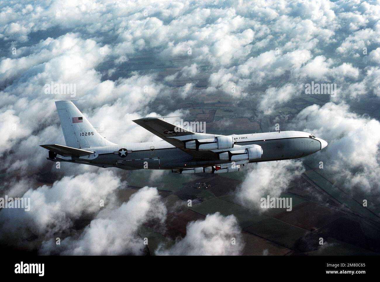 An air-to-air right side view of an EC-135 Stratotanker aircraft flown ...