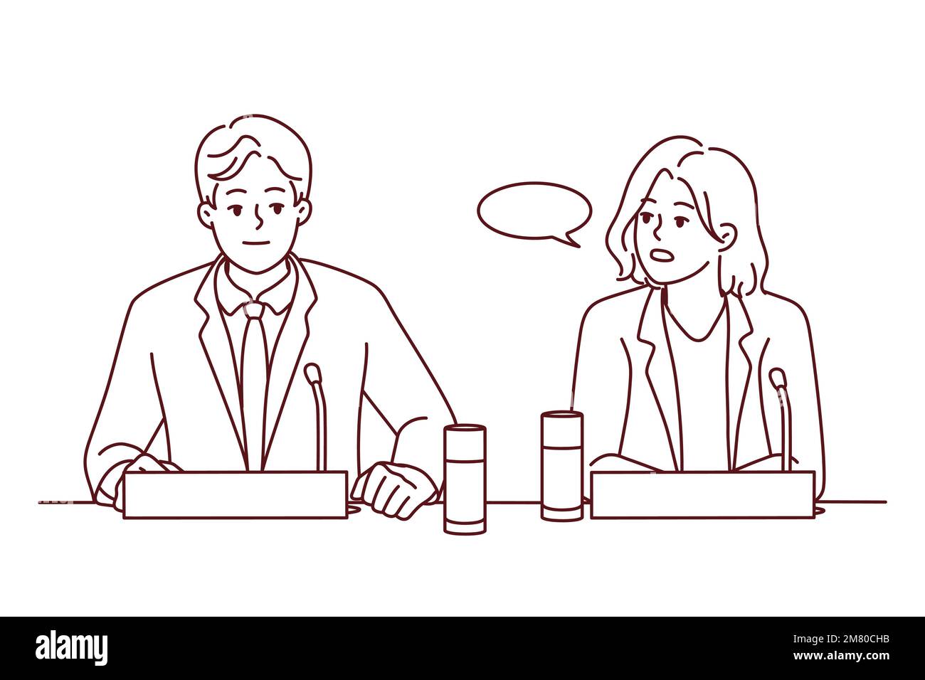 Businesspeople sit at desk at meeting speak in microphones. Employees ...