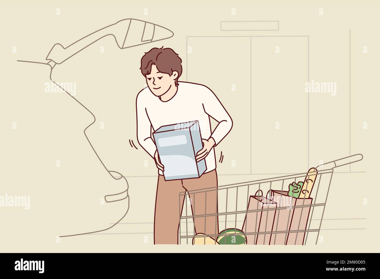 Happy young man loading groceries in car. Smiling guy putting products ...