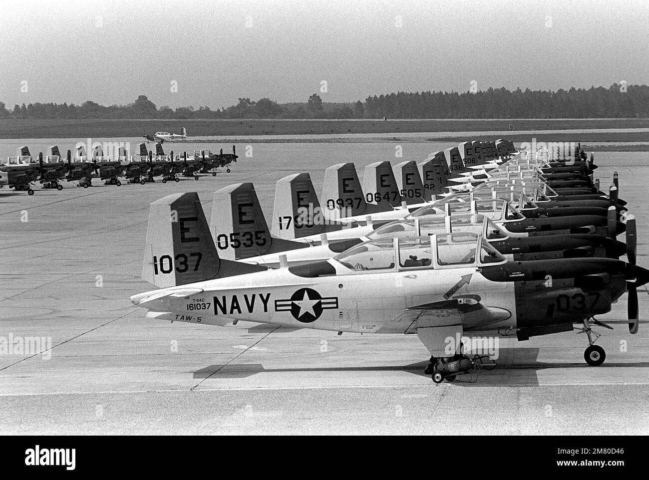 A right side view of a T-34C Mentor trainer aircraft parked on the ...