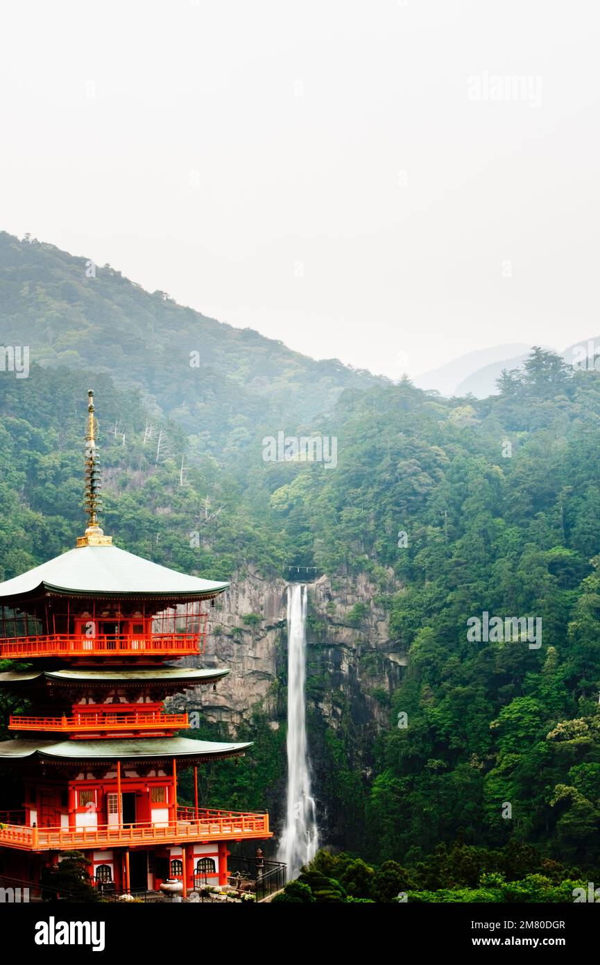 The three story pagoda backed by Nachi Falls, Kumano Kodo, Japan Stock ...