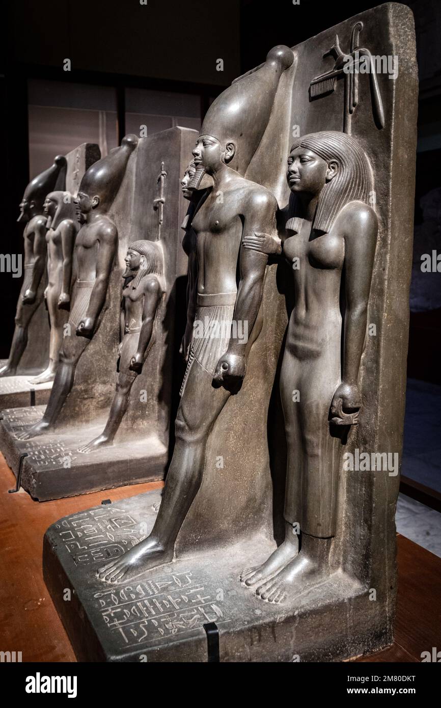 STATUARY FROM THE OLD EMPIRE, THE TRIAD OF PHARAOH MYKERINOS FLANKED BY THE GODDESS HATHOR AND ...