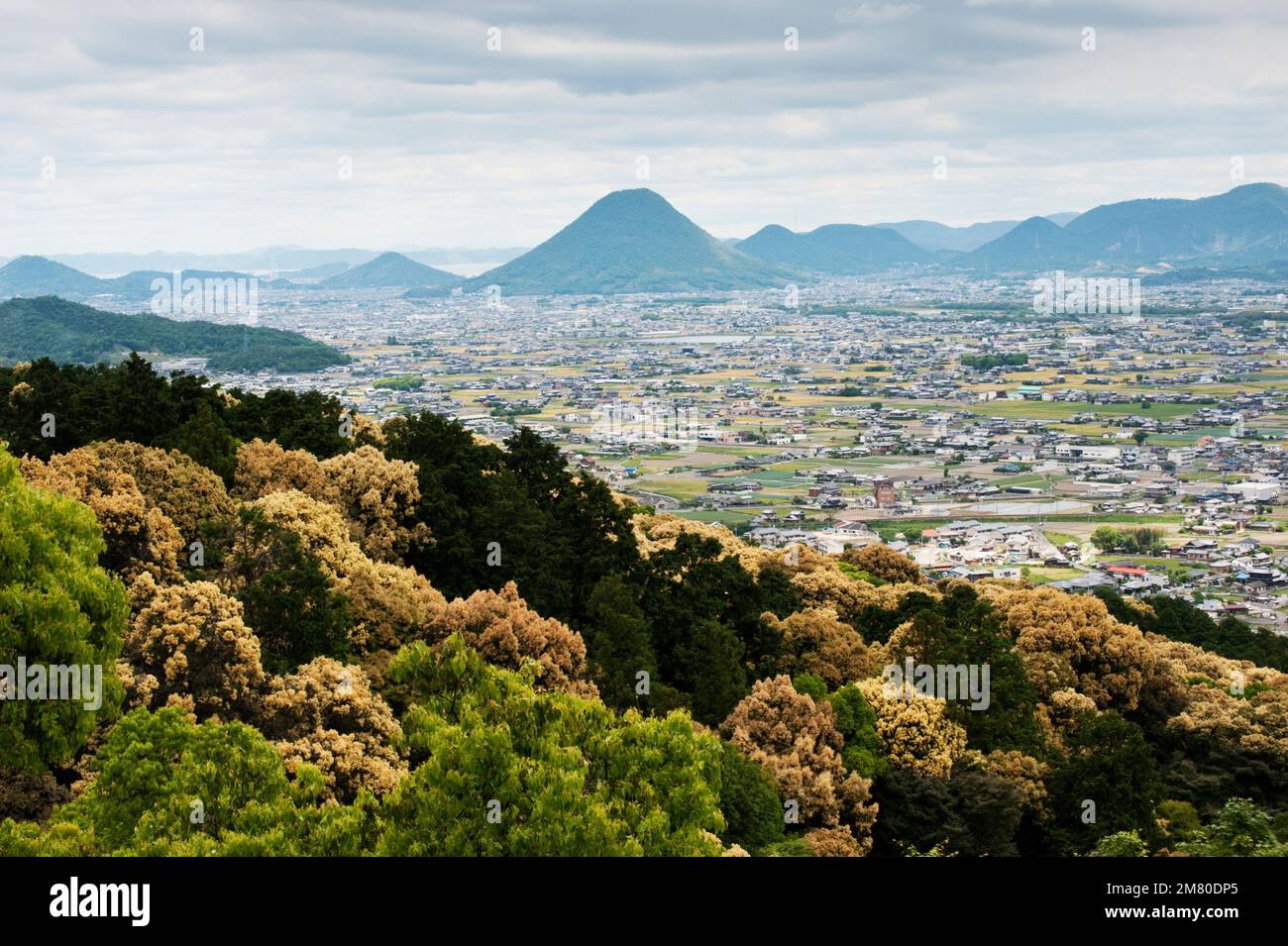 Looking out from Konpira-san across the rural Kagawa landscape to Mt ...