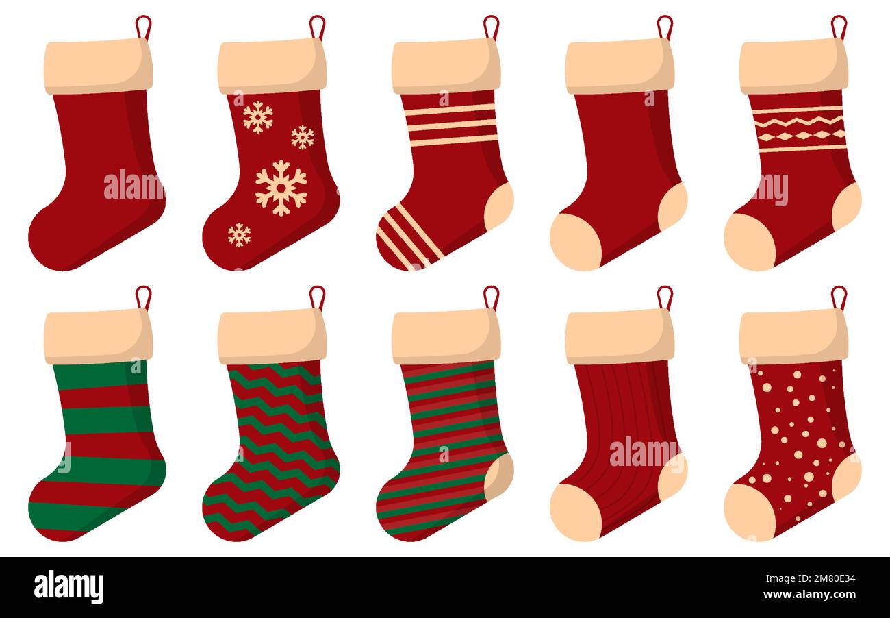 Set of christmas sock. Christmas stockings red green colors. Hanging ...