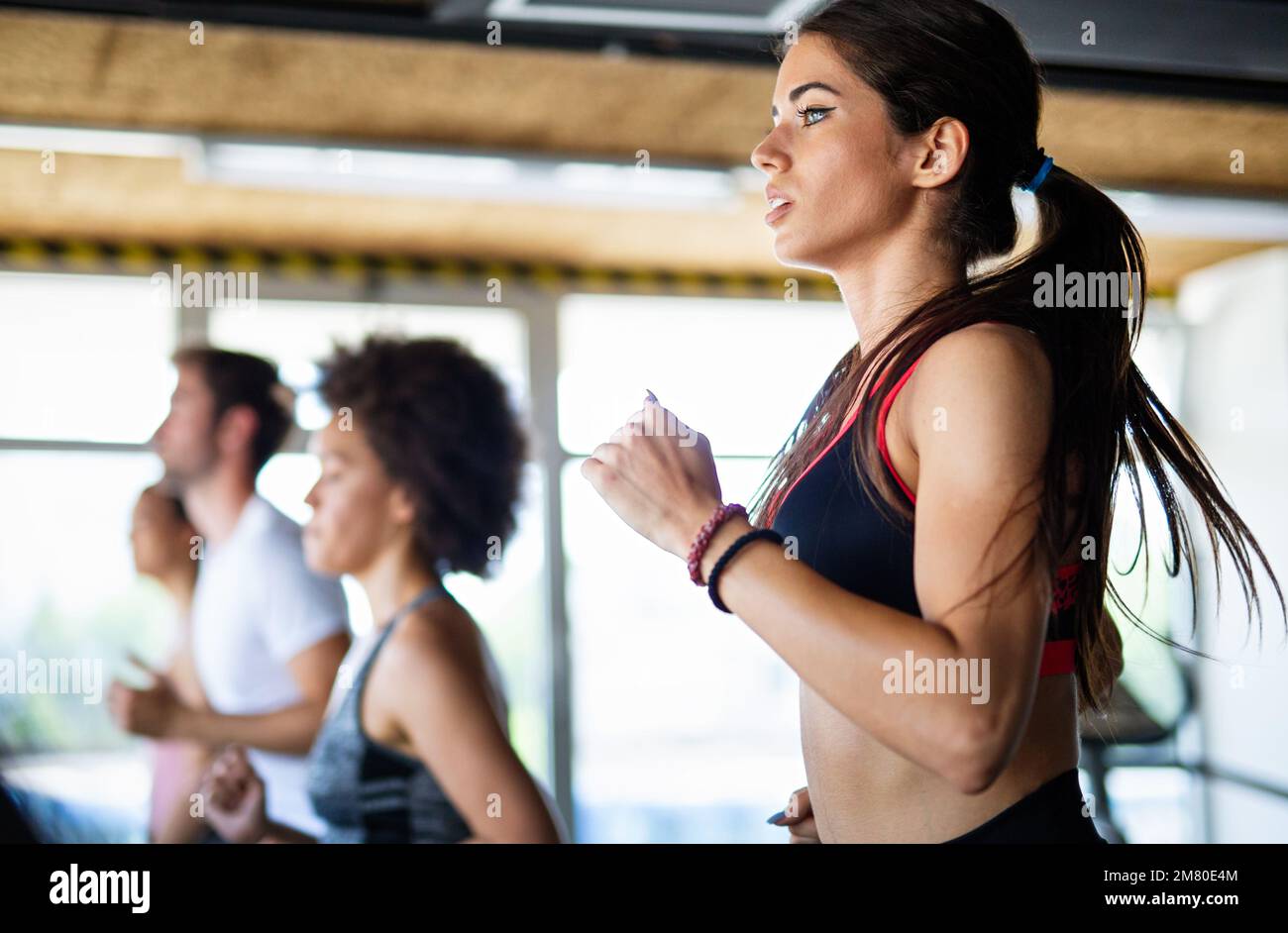 Group of happy fit people at the gym exercising, running. Stay healthy ...