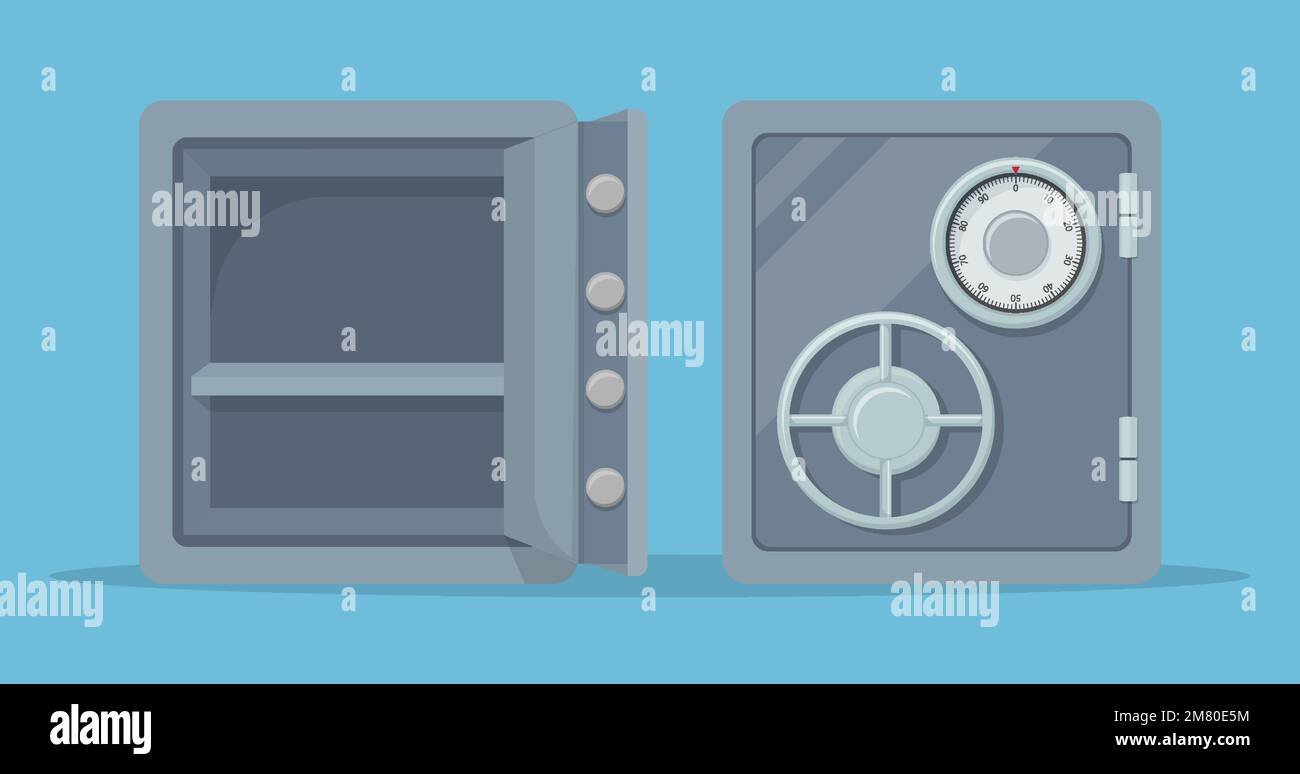 Metal safe with opened and closed door. Vector illustration. Eps 10 ...