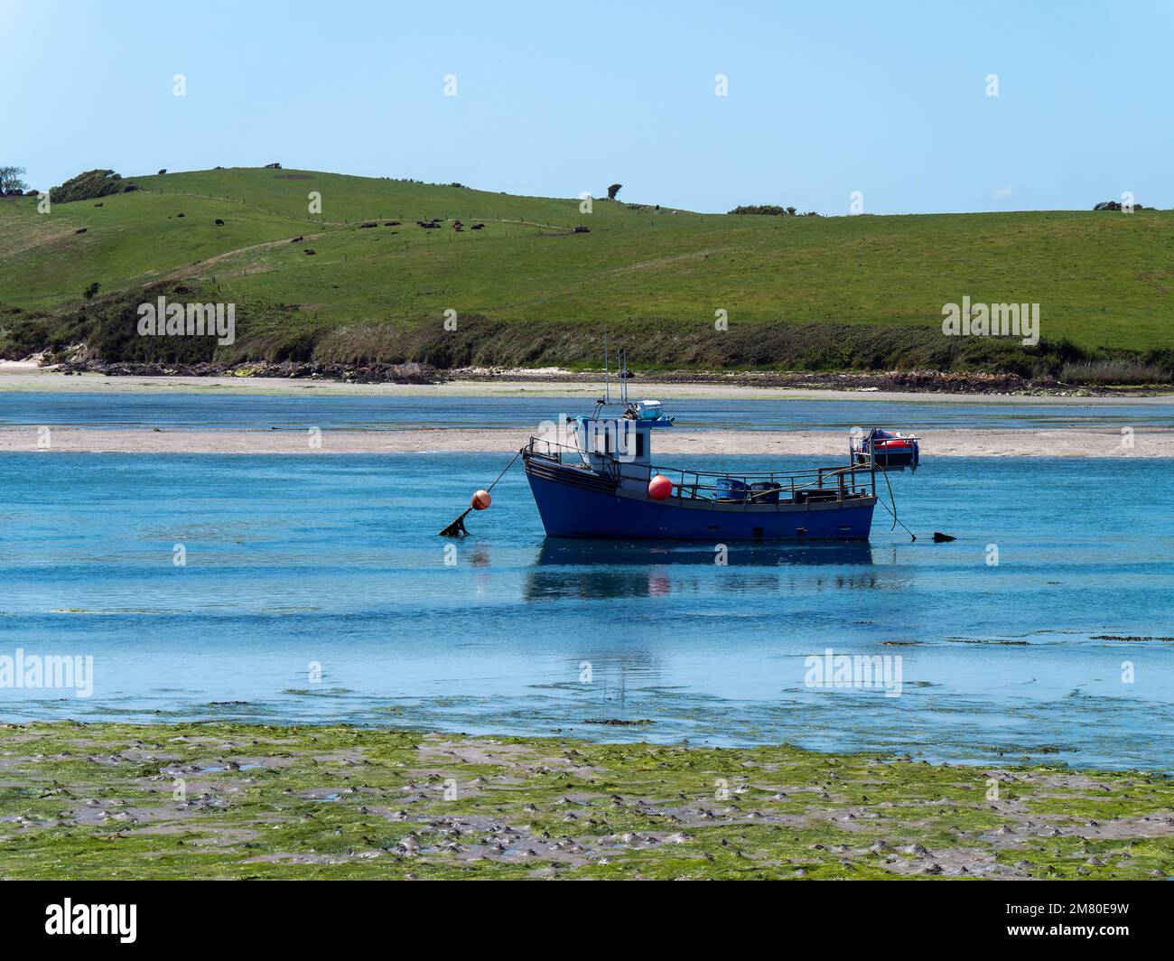 boat is anchored in the bay, low tide, a sea landscape. A boat in ...