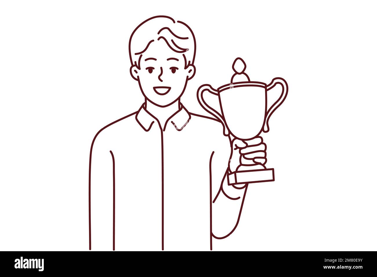 Smiling businessman holding gold trophy in hands celebrate win or ...