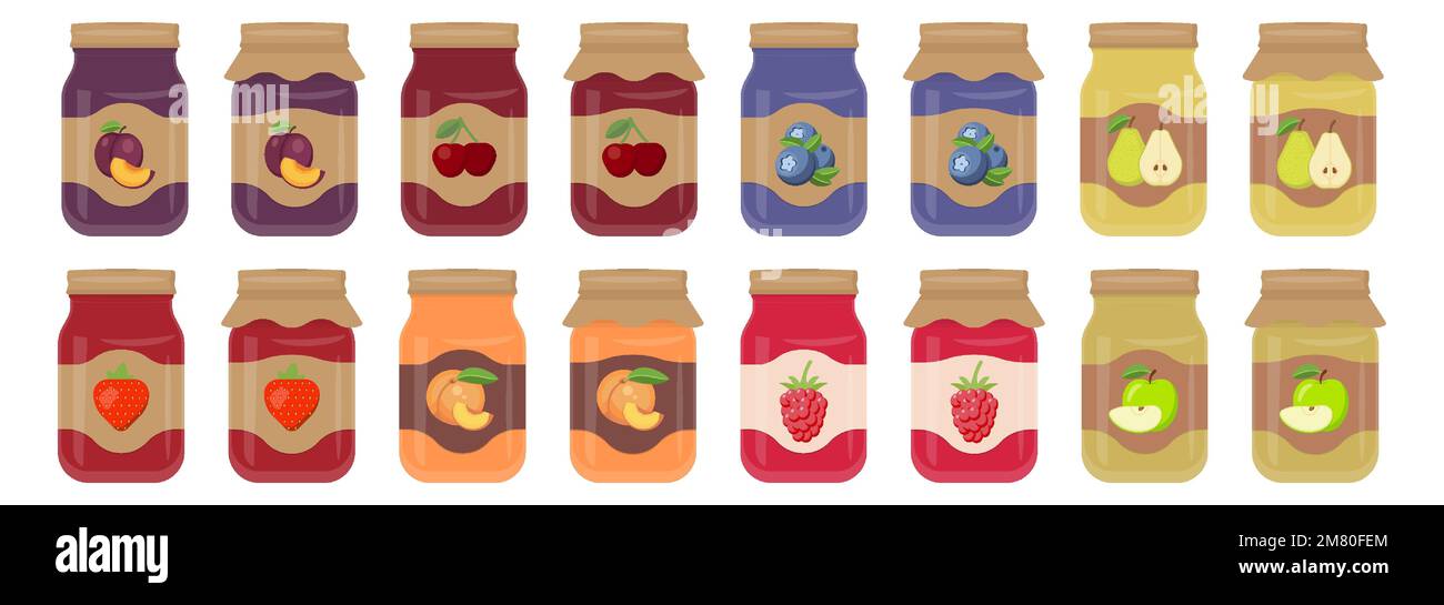 Glass jar with jam. Jars with labels fruit jam. Vector illustration ...