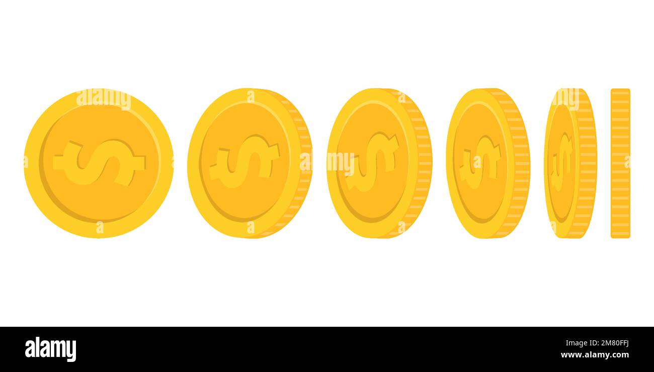 Set of rotating gold coins with dollar currency sign isolated on white ...