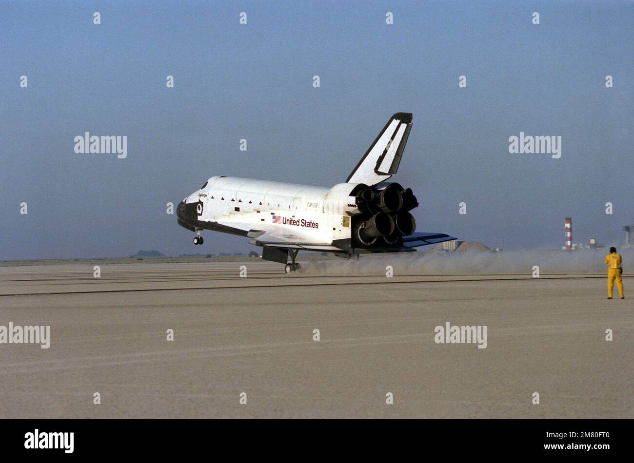 A left rear view of the Space Transportation System 7 (STS-7) shuttle ...
