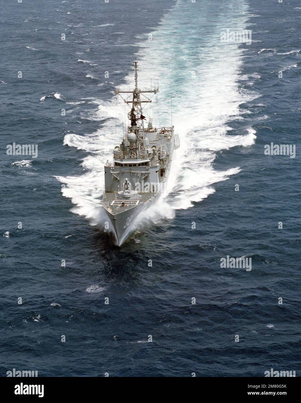An aerial view of the guided missile frigate CURTS (FFG 38) underway ...