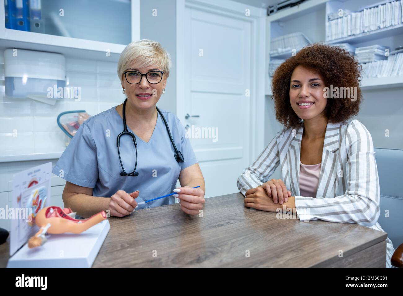 Expericenced gynecologist showing the anatomical model to junior ...
