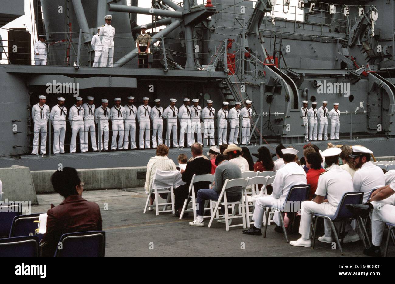 Crewmen line the rail of the guided missile destroyer USS DECATUR (DDG ...