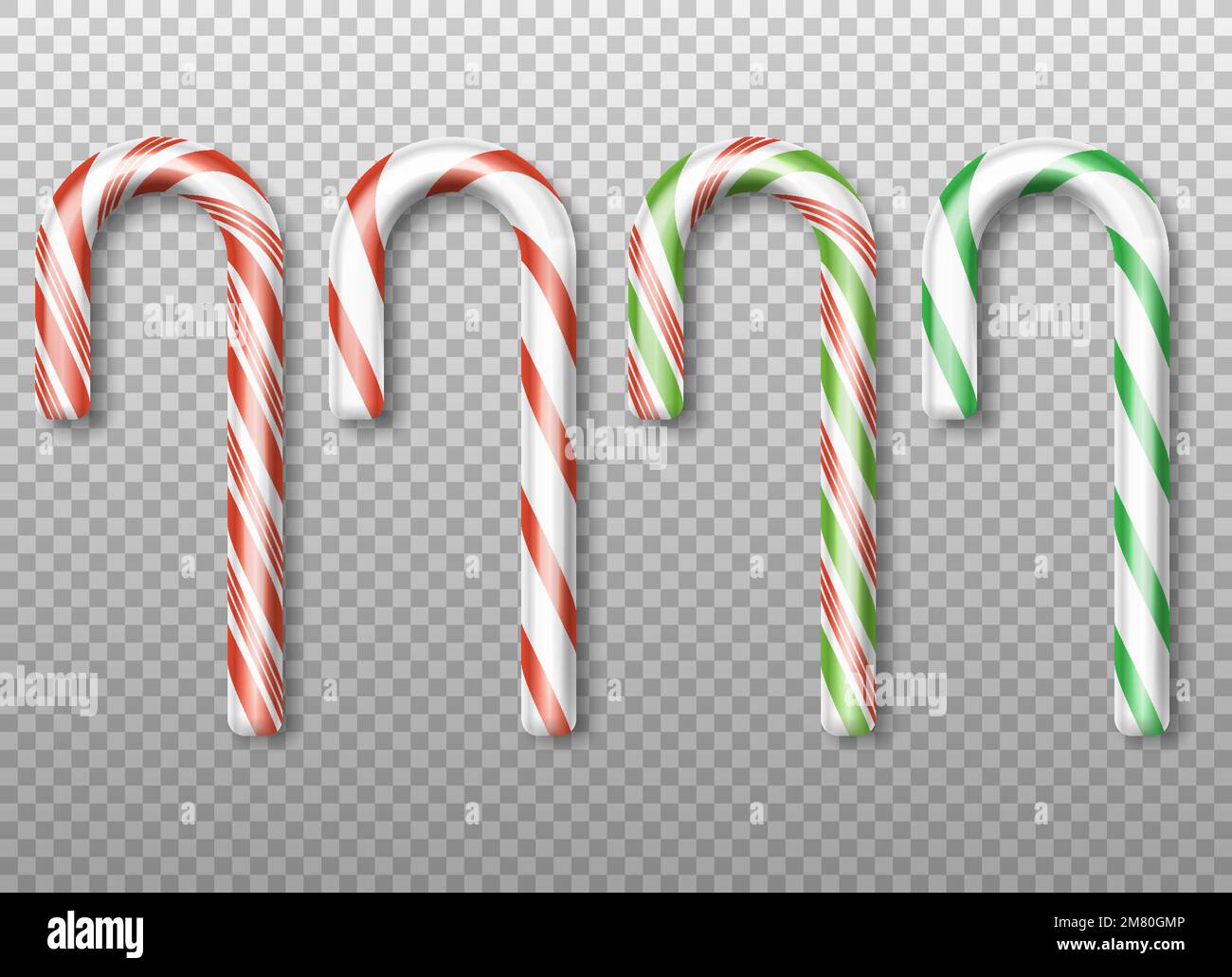 Red and green candy canes on transparent background. Vector ...