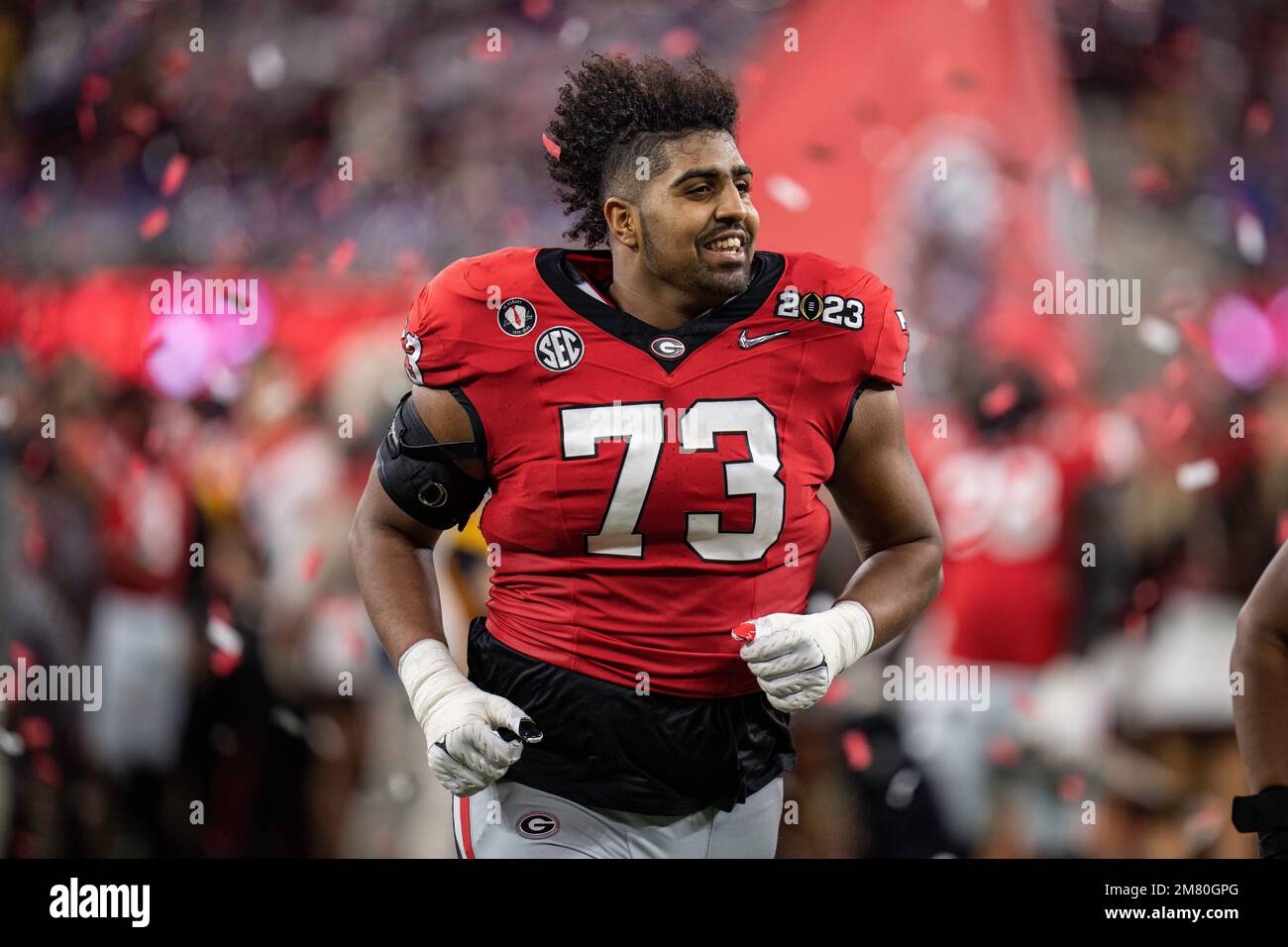 Georgia Bulldogs offensive lineman Xavier Truss (73) celebrates after ...
