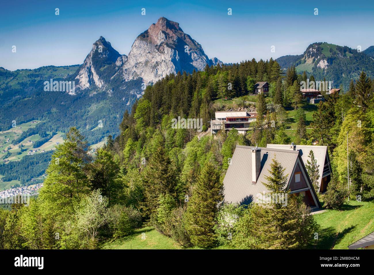 Views on Alps from Fronalpstock peak near small village of Stoos in ...