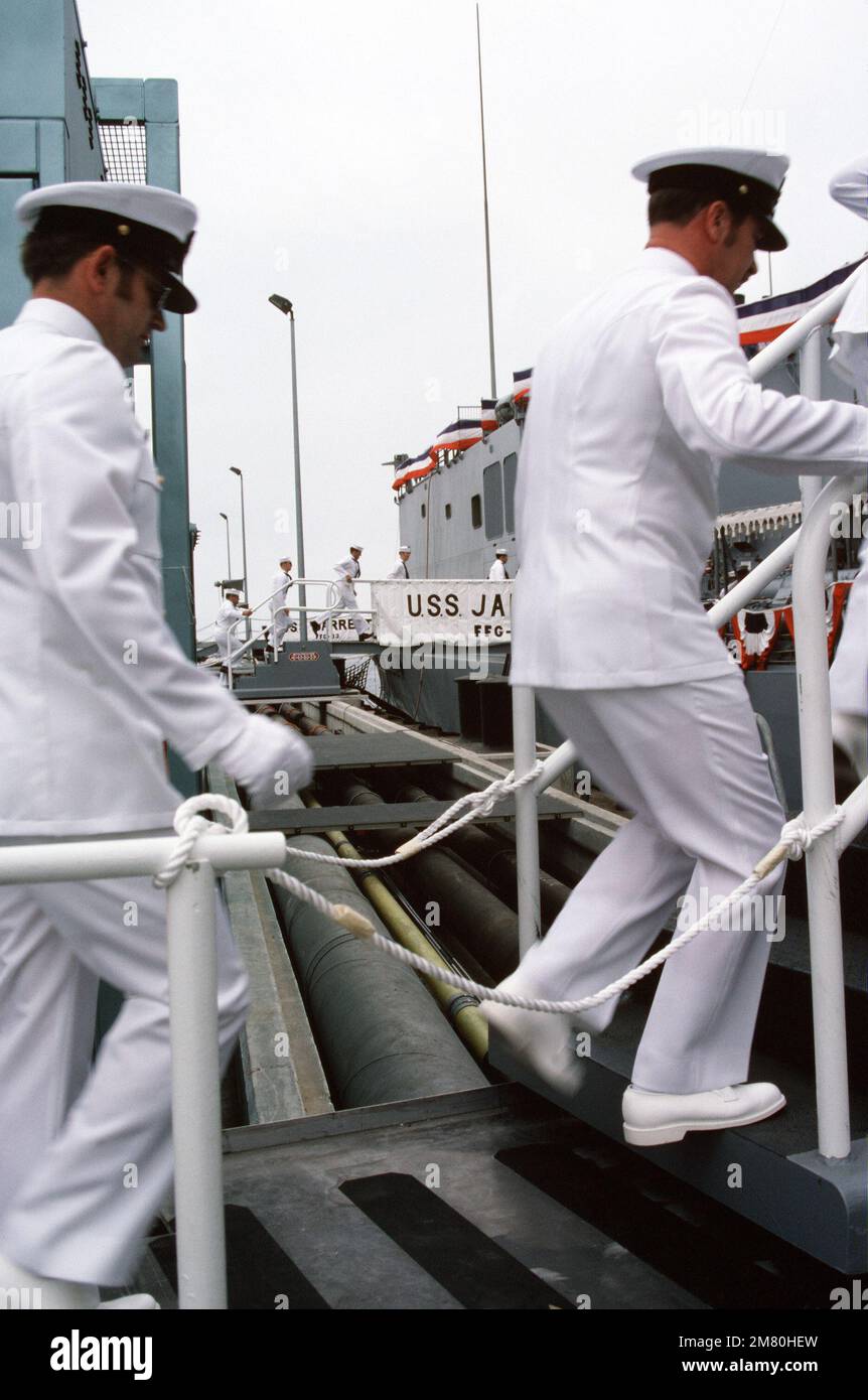 Crewmen board the guided missile frigate USS JARRETT (FFG 33) during ...