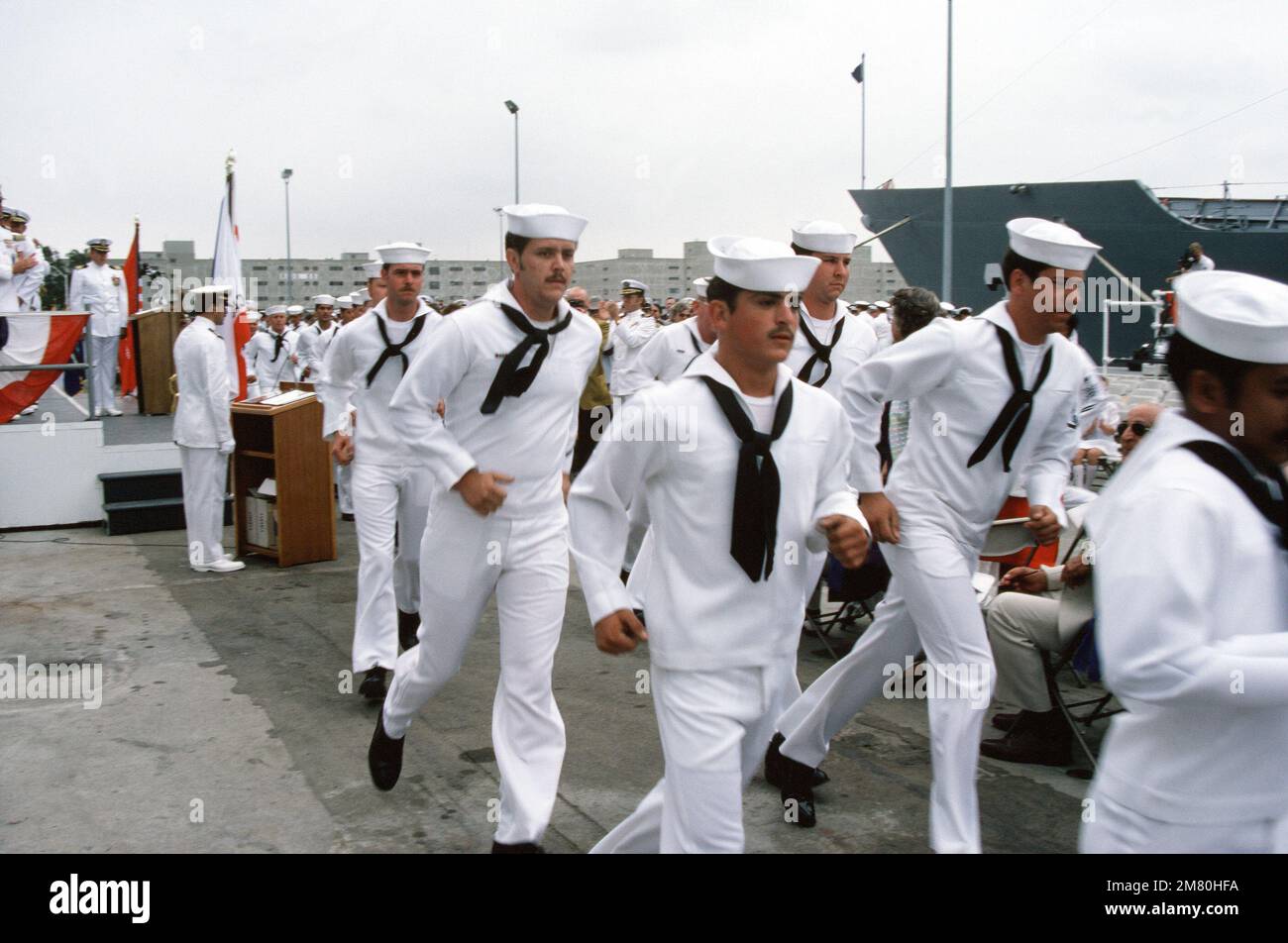 Front view of the crew preparing to board the guided missile frigate ...