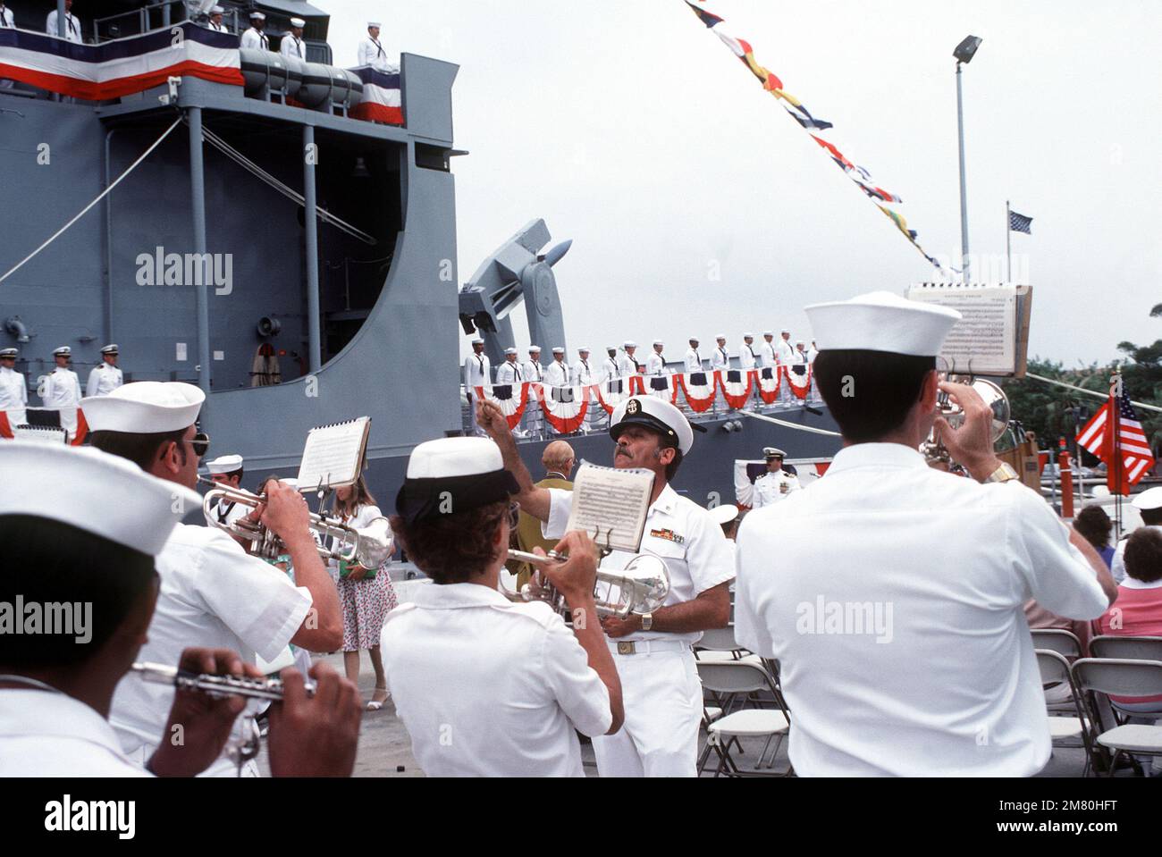 A Navy band plays during the commissioning ceremony for the guided ...
